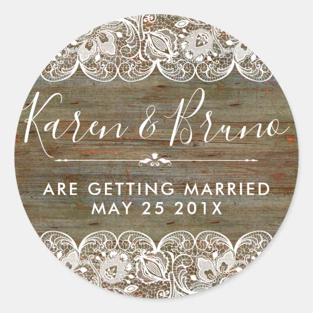 Rustic Faux Wood & White Floral Lace RSVP Classic Round Sticker | Zazzle