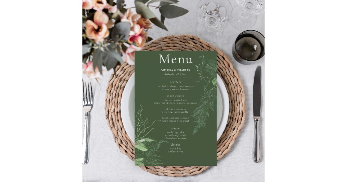 Rustic Fern Green Foliage Emerald Wedding Menu | Zazzle