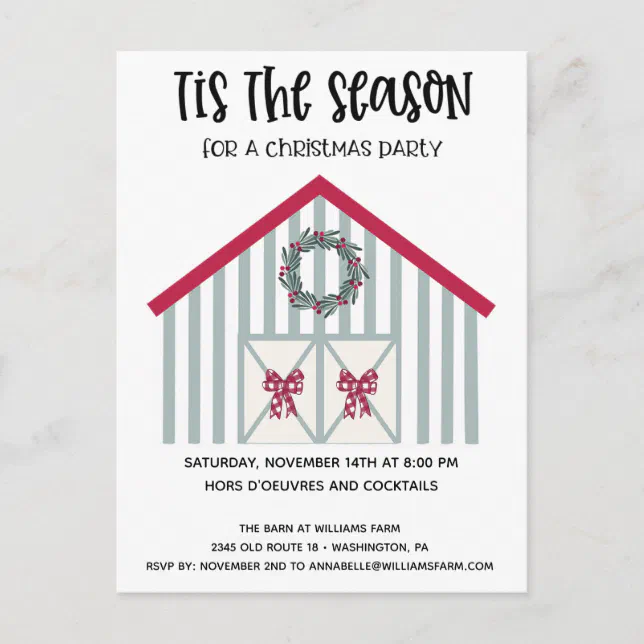 Rustic Festive Barn Christmas Party Invitation Postcard | Zazzle