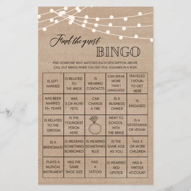 Rustic Find the guest bingo bridal shower game | Zazzle