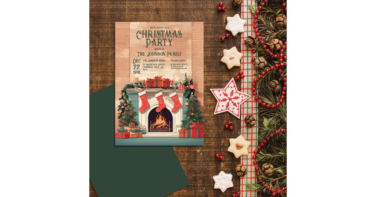 Rustic Fireplace Christmas Party Invitation | Zazzle