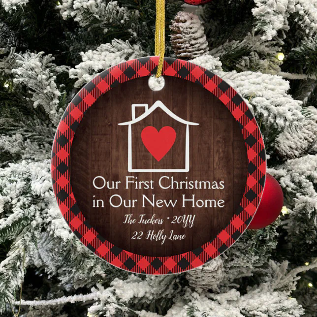 Rustic First Christmas New Home Heart Plaid Ceramic Ornament | Zazzle
