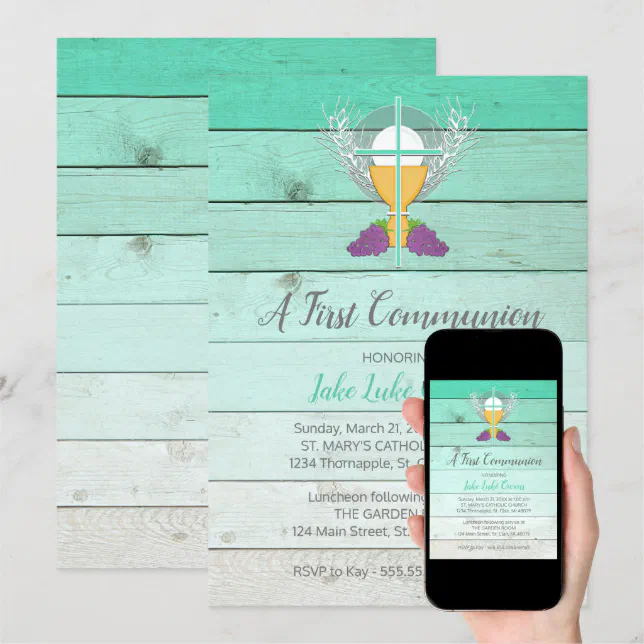 Rustic First Communion Invitation - Blue | Zazzle