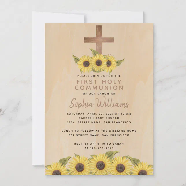 Rustic First Communion Wood Cross Sunflowers Invitation | Zazzle