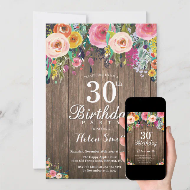 Rustic Floral 30th Birthday Invitation for Women | Zazzle