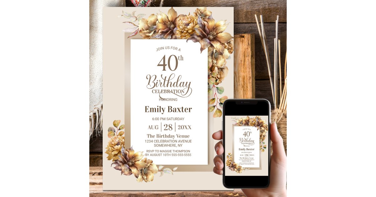 Rustic Floral 40th Birthday Party Invitation | Zazzle
