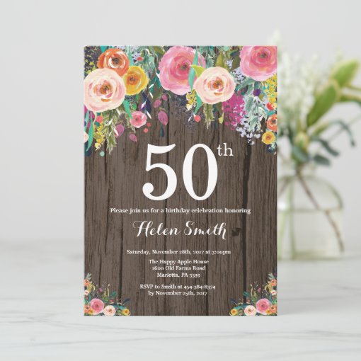 Rustic Floral 50th Birthday Invitation | Zazzle