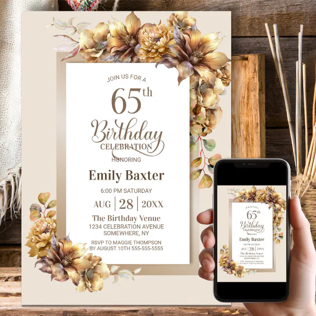 Rustic Floral 65th Birthday Party Invitation | Zazzle