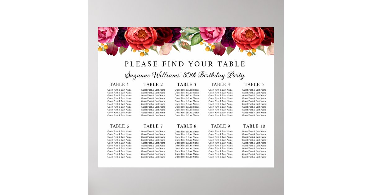 Rustic Floral 80th Birthday Seating Chart | Zazzle