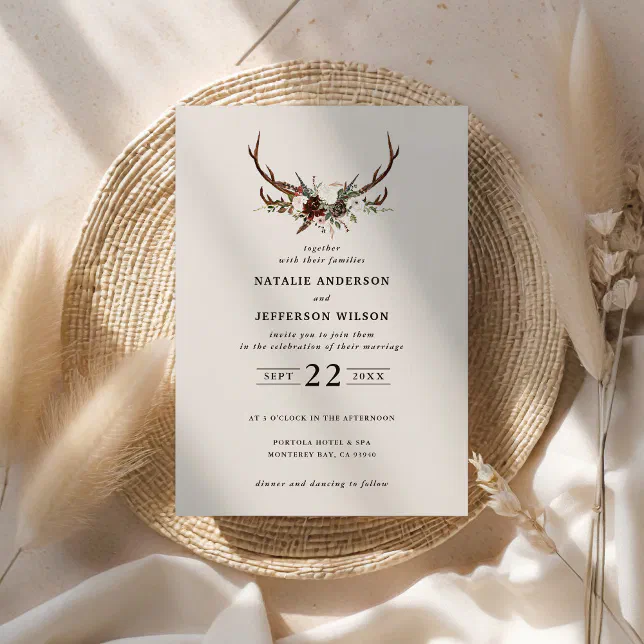 Rustic floral and stag antlers wedding invite | Zazzle