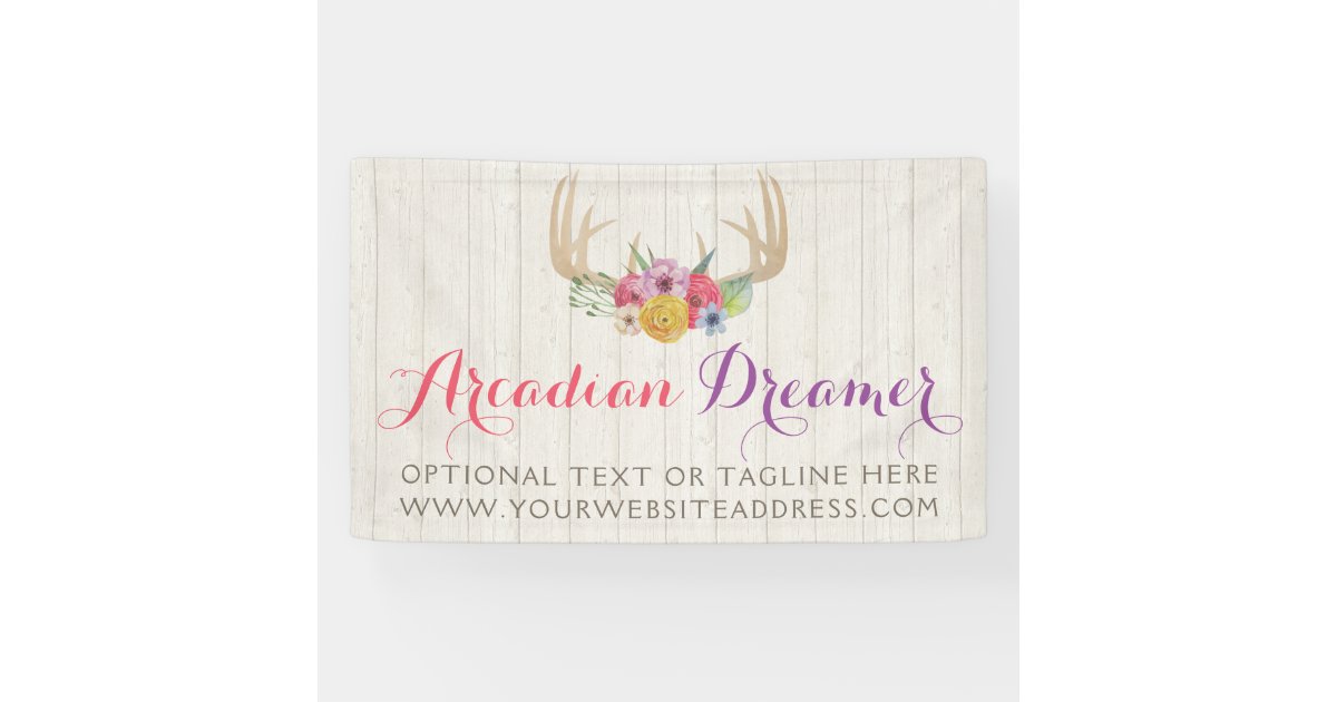 Rustic Floral Antlers Painted Watercolor on Wood Banner | Zazzle
