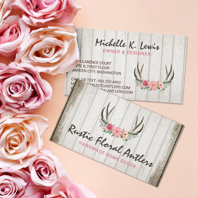 Rustic Floral Antlers Shabby Chic Roses & Wood Business Card | Zazzle