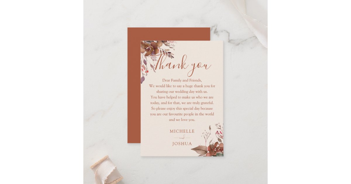 Rustic Floral Autumn Fall Wedding Thank You Place Card | Zazzle