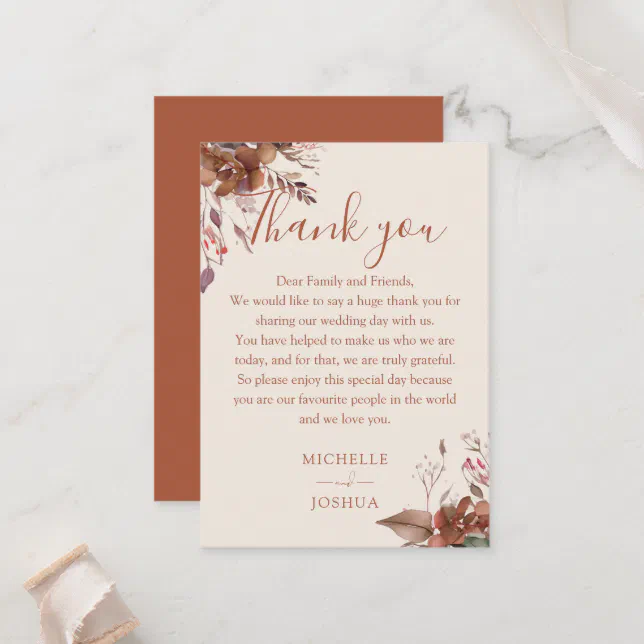 Rustic Floral Autumn Fall Wedding Thank You Place Card | Zazzle