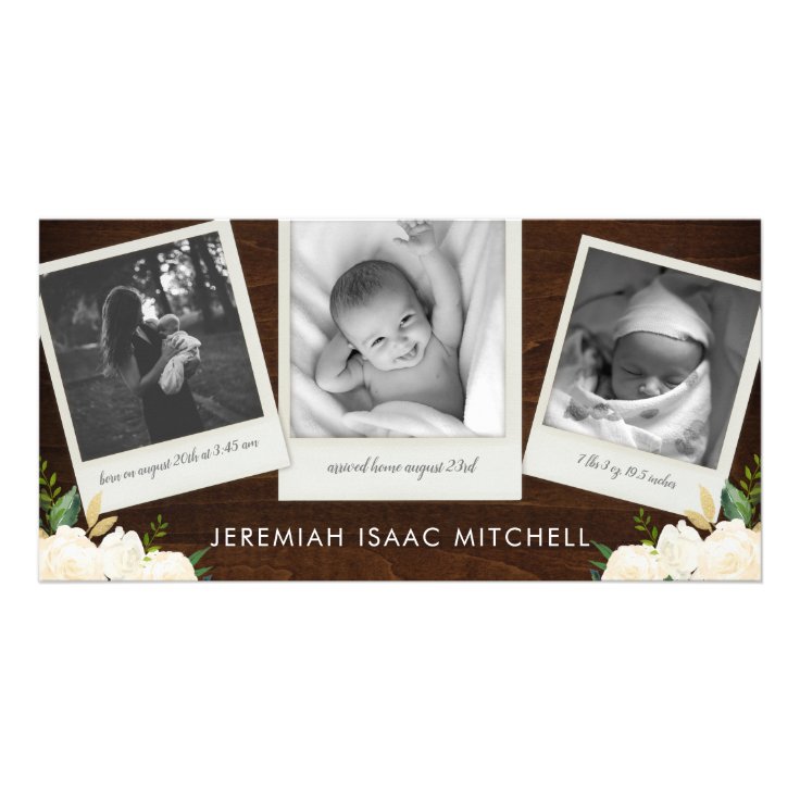 Rustic Floral Baby 3 Photo Birth Announcement | Zazzle