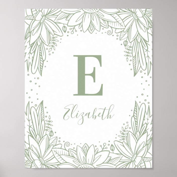 Rustic floral baby monogram. Country green nursery Poster | Zazzle.com