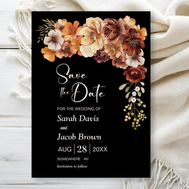 Rustic Floral Black Wedding Save the Date Invitation | Zazzle