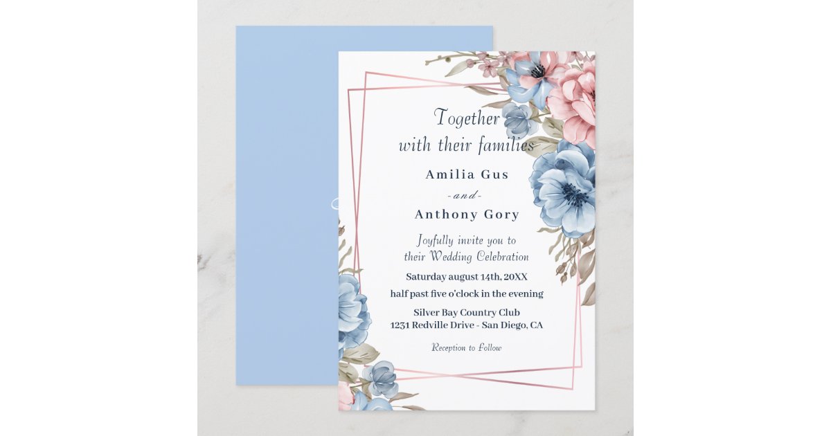 rustic floral blue and pink Wedding Invitation | Zazzle