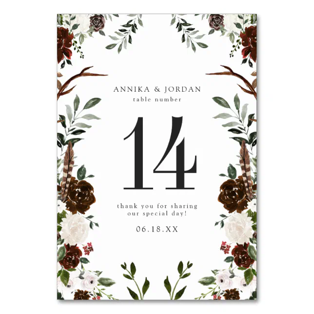 Rustic Floral Boho Botanical Table Number Card | Zazzle