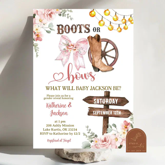Rustic Floral Boots or Bows Gender Reveal Invitation | Zazzle