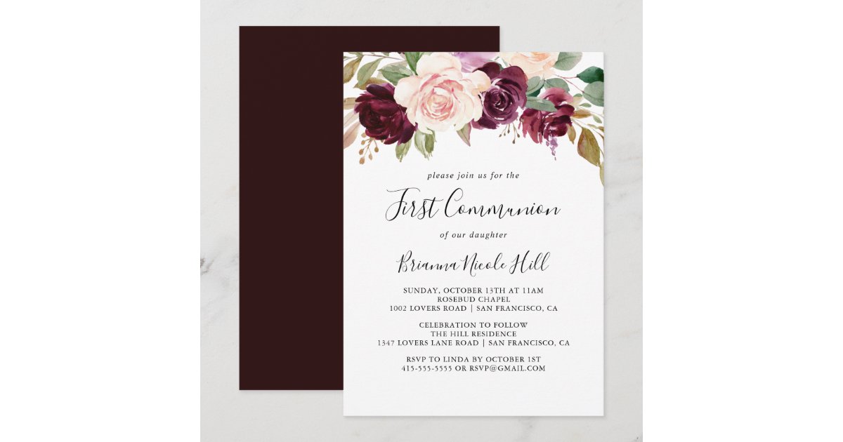 Rustic Floral Botanical Foliage First Communion Invitation | Zazzle
