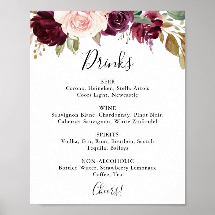 Rustic Floral Botanical Wedding Drinks Menu Sign | Zazzle.com