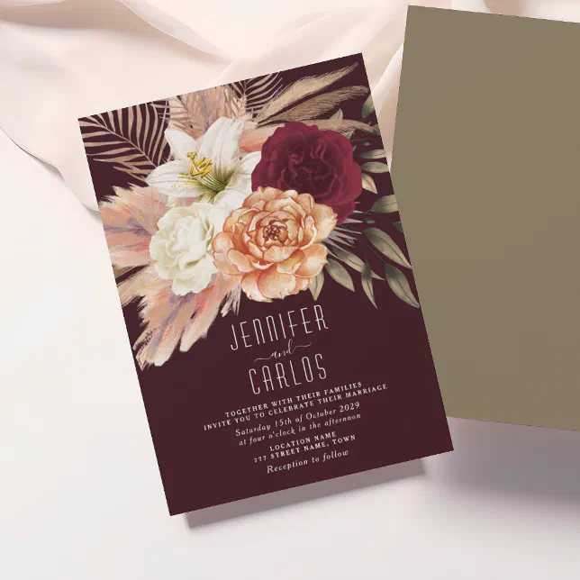 Rustic Floral Burgundy and Peach Wedding Invitation | Zazzle