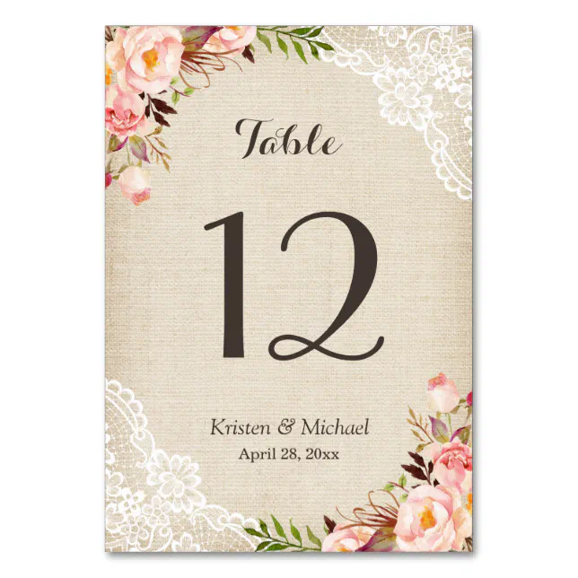 Rustic Floral Burlap Lace Table Number | Zazzle