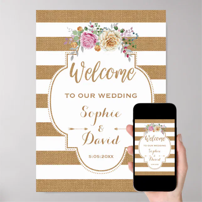 Rustic Floral Burlap Stripes Wedding WELCOME SIGN | Zazzle