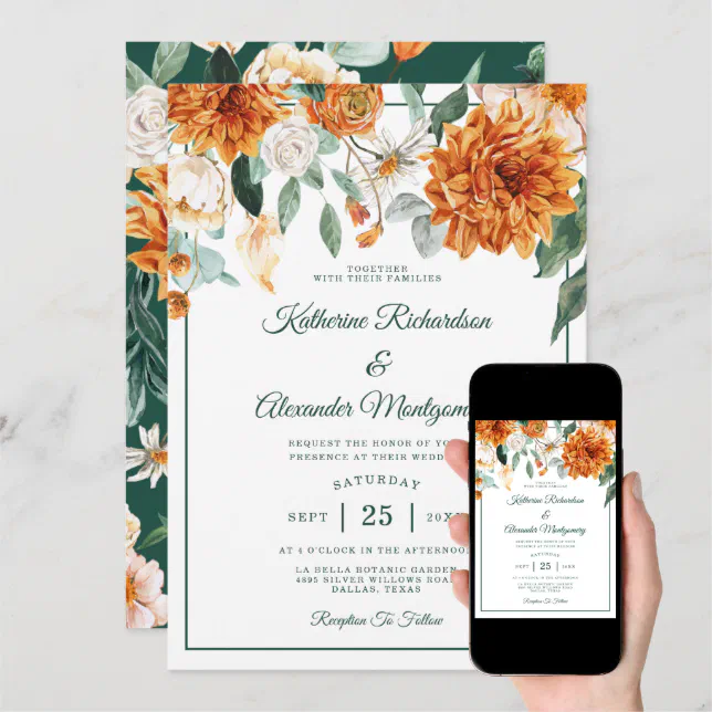 Rustic Floral Burnt Orange Elegant Fall Wedding Invitation | Zazzle