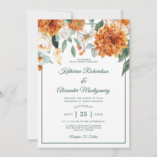 Rustic Floral Burnt Orange Elegant Fall Wedding Invitation | Zazzle