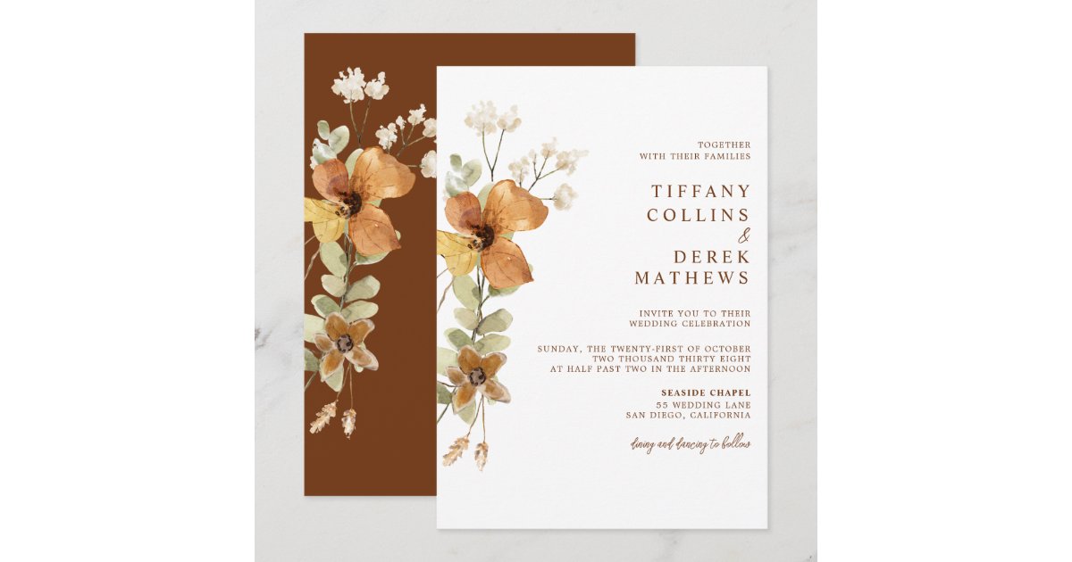 Rustic Floral Burnt Orange Fall Wedding Invitation | Zazzle