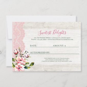 Rustic Floral Cake Bakery Gift Certificate Card | Zazzle