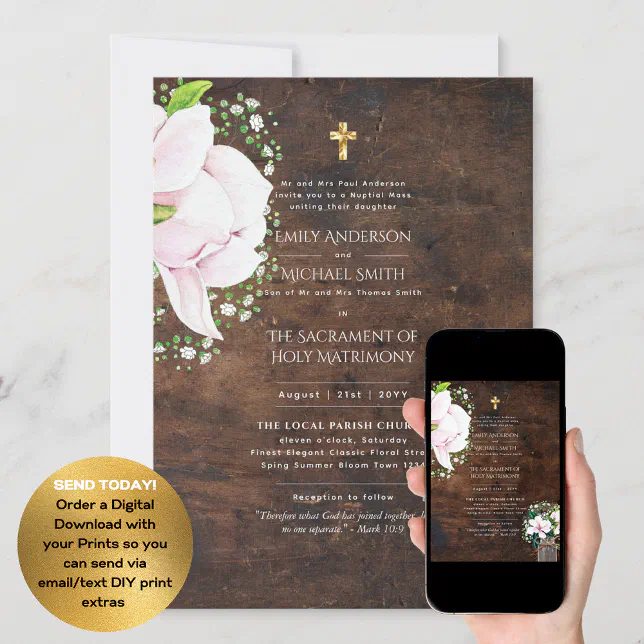 Rustic Floral Catholic Nuptial Mass Wedding Invitation | Zazzle