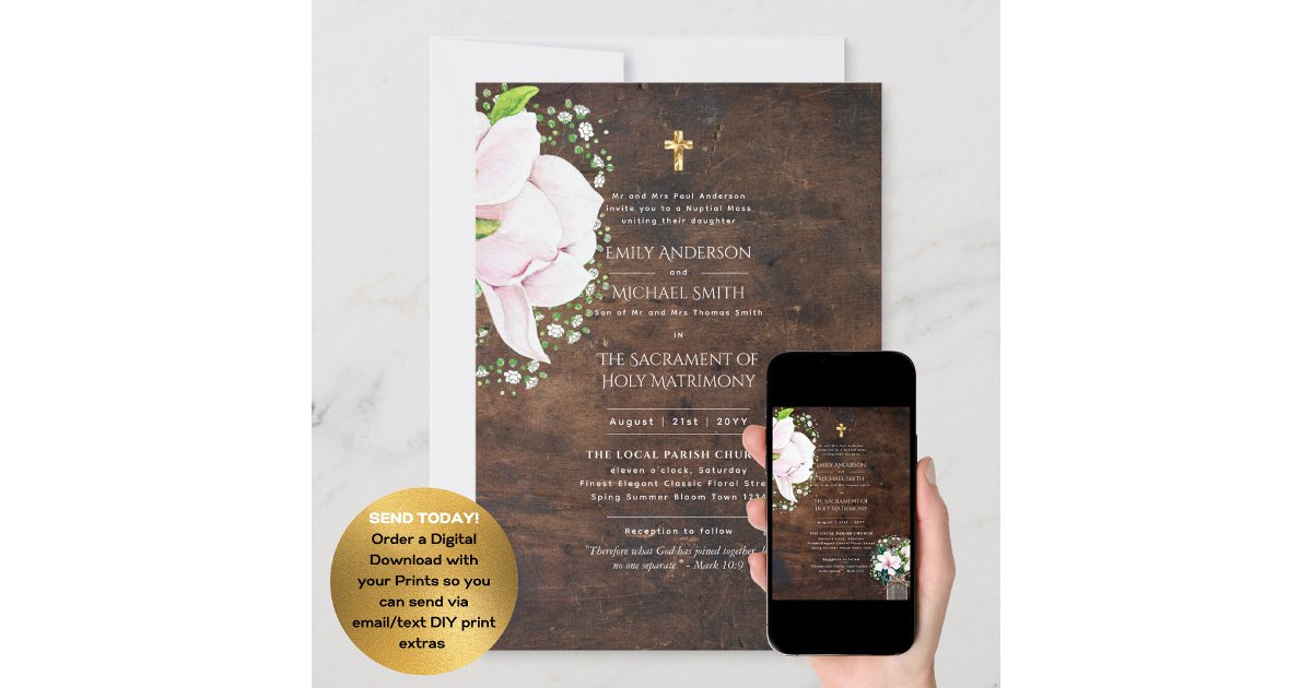 Rustic Floral Catholic Nuptial Mass Wedding Invitation | Zazzle