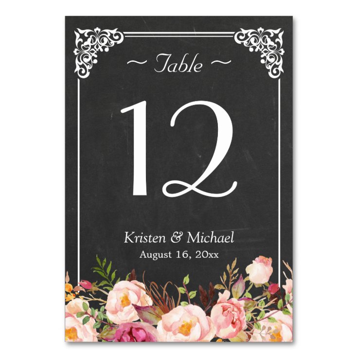Rustic Floral Chalkboard Wedding Table Number | Zazzle