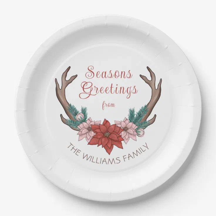 Rustic Floral Christmas Antlers Seasons Greetings Paper Plates | Zazzle