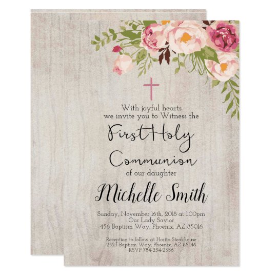 Rustic Floral Country Script First Holy Communion Invitation | Zazzle.com