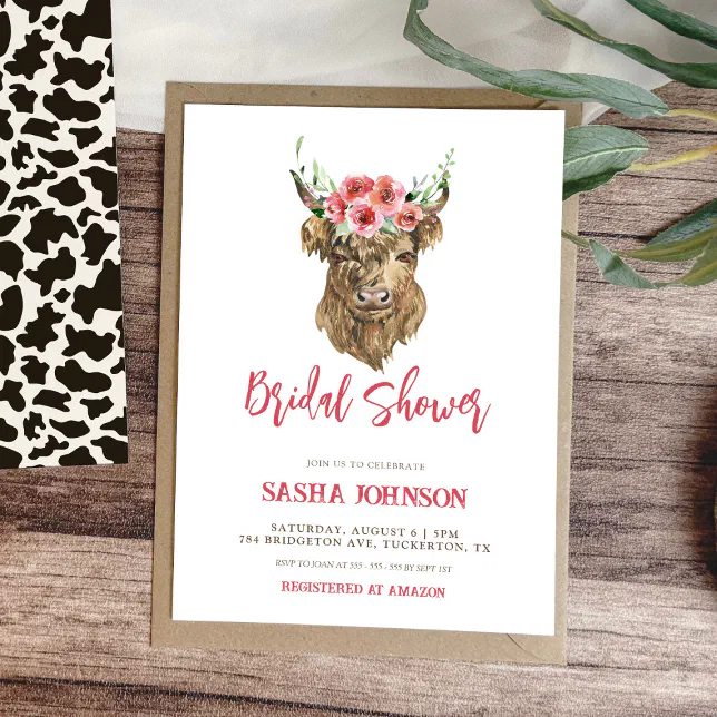 Rustic Floral & Cow Print Western Bridal Shower Invitation | Zazzle