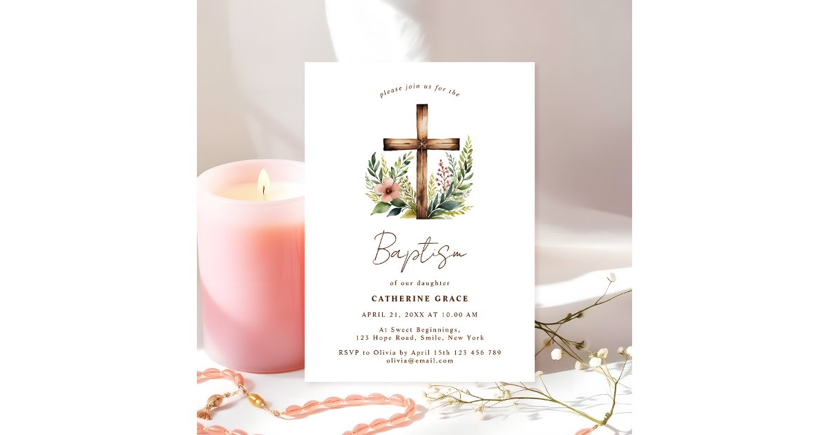 Rustic Floral Cross Baptism & Christening Invitation | Zazzle