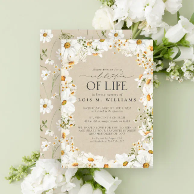 Rustic Floral Daisy Watercolor Celebration of Life Invitation | Zazzle