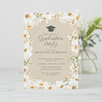 Rustic Floral Daisy Watercolor Graduation Party Invitation | Zazzle