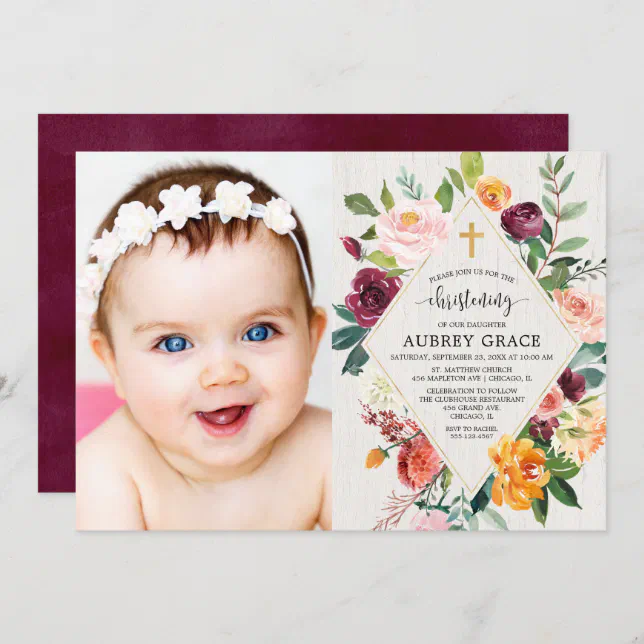 Rustic floral fall watercolor Christening photo Invitation | Zazzle