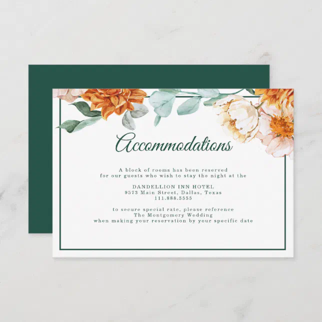 Rustic Floral Fall Wedding Green Accommodations Enclosure Card | Zazzle