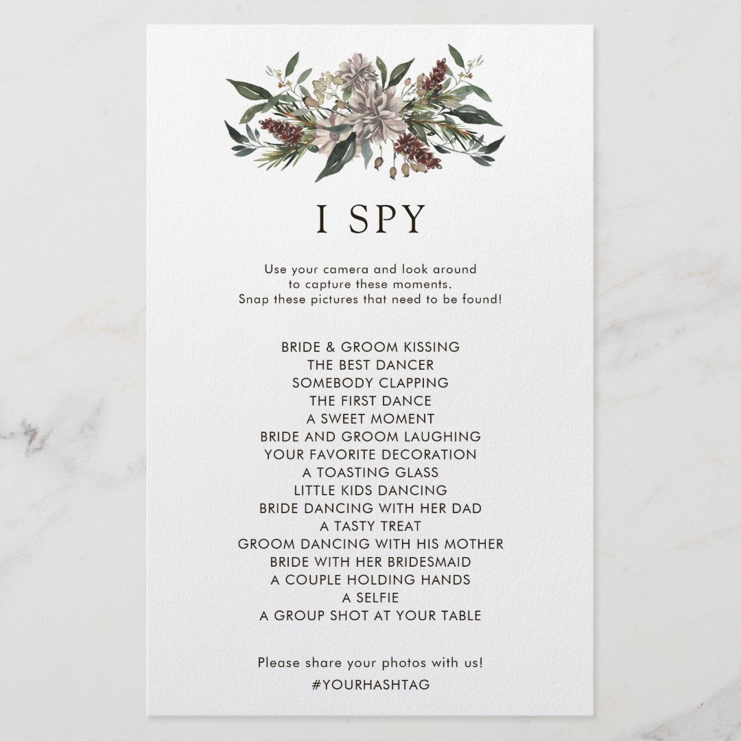 Rustic Floral Fall Winter Wedding I Spy Game Flyer | Zazzle