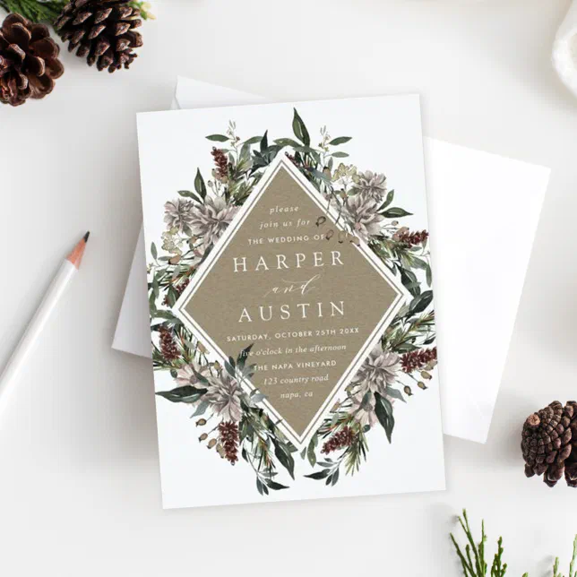Rustic Floral Fall Winter Wedding Invitation | Zazzle