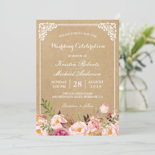 Rustic Floral Frame Kraft | Wedding Celebration Invitation | Zazzle