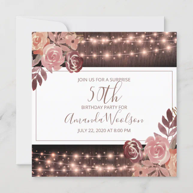 Rustic Floral Glowing String Lights Birthday Party Invitation | Zazzle