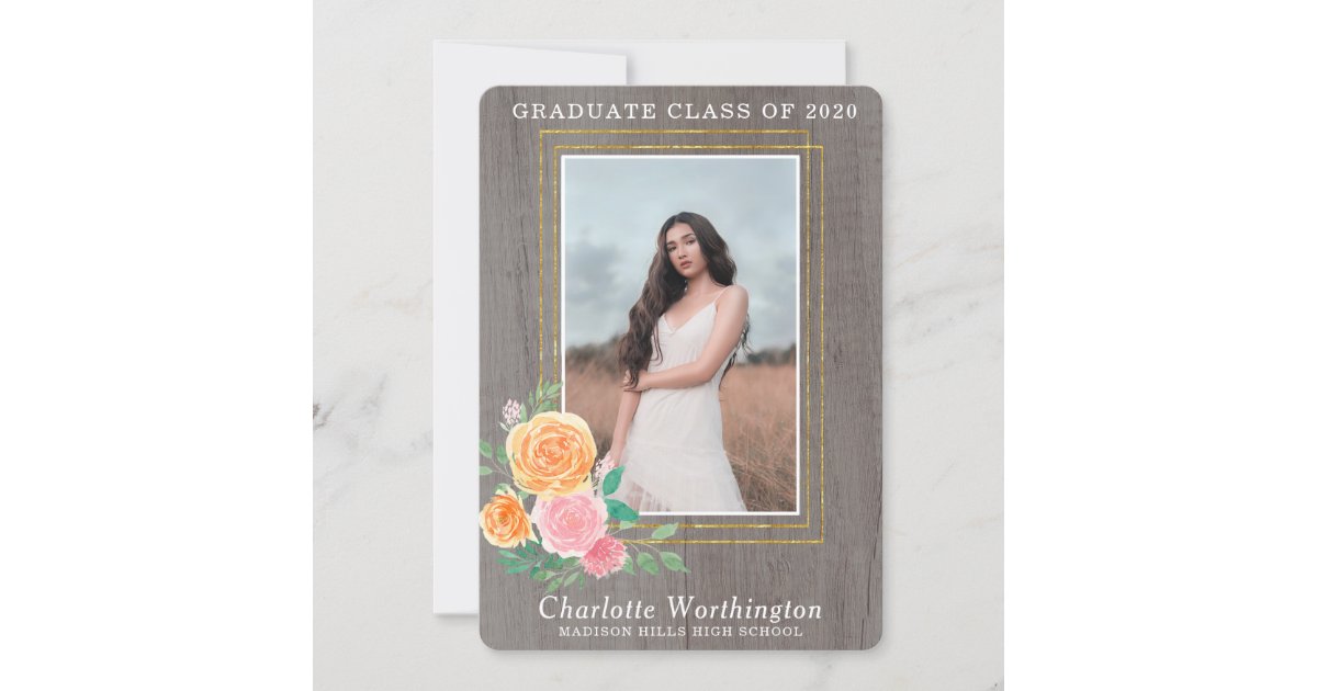 RUSTIC FLORAL GOLD PHOTO BOHO GRADUATION INVITATION | Zazzle