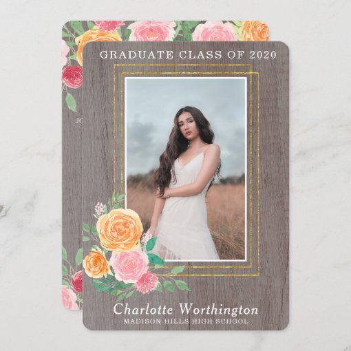 RUSTIC FLORAL GOLD PHOTO BOHO GRADUATION INVITATION | Zazzle